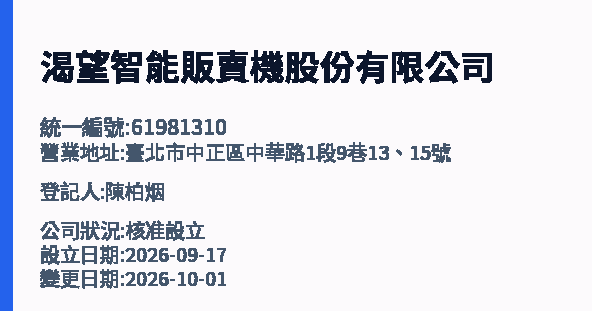 渴望智能販賣機股份有限公司的照片-統編 61981310(臺北市) 公司登記資料與營業項目詳細圖表