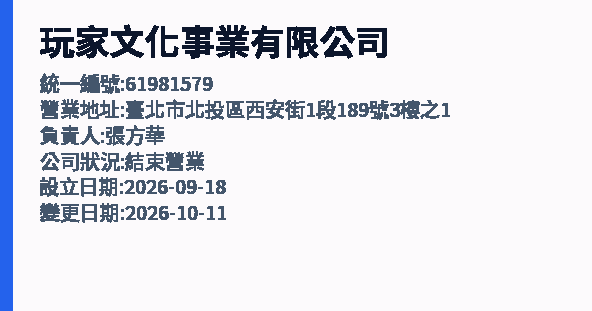 玩家文化事業有限公司的照片-統編 61981579(臺北市) 公司登記資料與營業項目詳細圖表