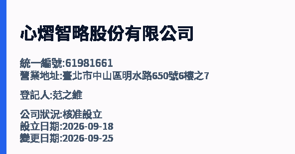 心熠智略股份有限公司的照片-統編 61981661(臺北市) 公司登記資料與營業項目詳細圖表