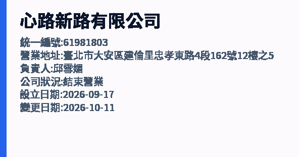 心路新路有限公司的照片-統編 61981803(臺北市) 公司登記資料與營業項目詳細圖表