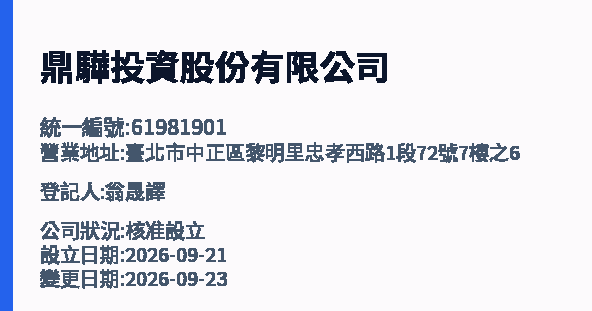 鼎驊投資股份有限公司的照片-統編 61981901(臺北市) 公司登記資料與營業項目詳細圖表