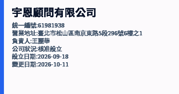 宇恩顧問有限公司的照片-統編 61981938(臺北市) 公司登記資料與營業項目詳細圖表