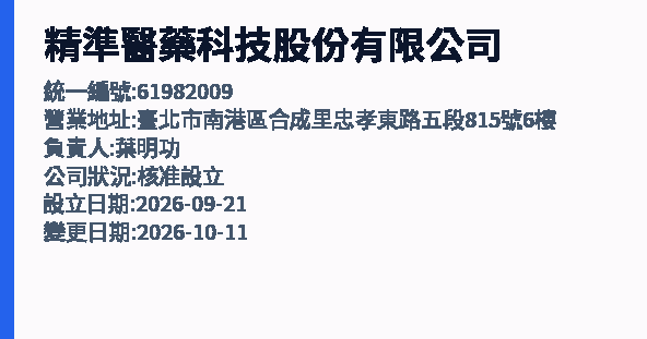 精準醫藥科技股份有限公司的照片-統編 61982009(臺北市) 公司登記資料與營業項目詳細圖表