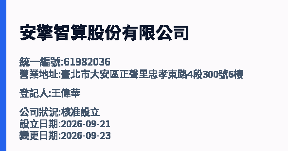 安擎智算股份有限公司的照片-統編 61982036(臺北市) 公司登記資料與營業項目詳細圖表