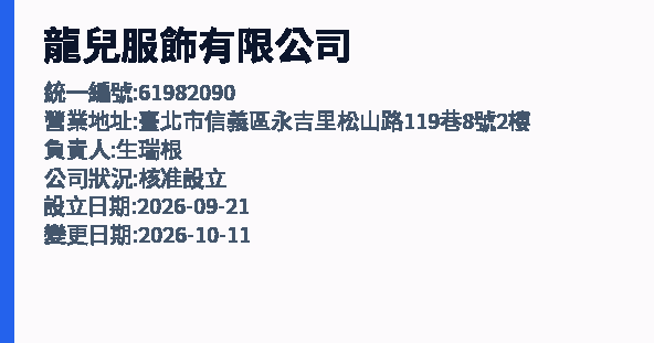 龍兒服飾有限公司的照片-統編 61982090(臺北市) 公司登記資料與營業項目詳細圖表