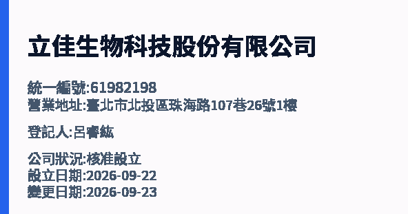 立佳生物科技股份有限公司的照片-統編 61982198(臺北市) 公司登記資料與營業項目詳細圖表