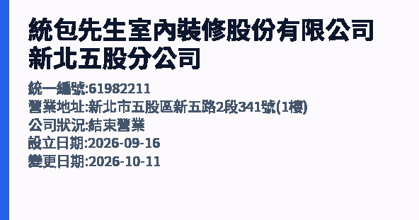 統包先生室內裝修股份有限公司新北五股分公司的照片-統編 61982211(新北市) 公司登記資料與營業項目詳細圖表