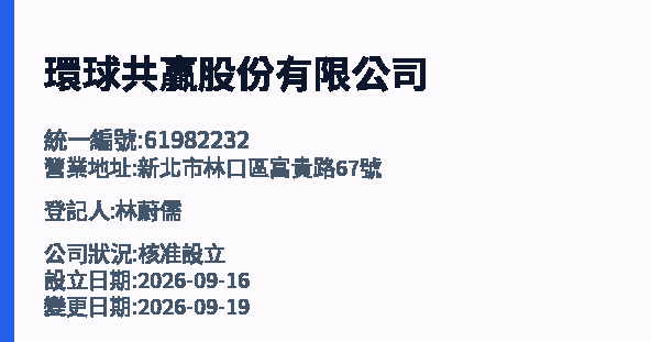環球共贏股份有限公司的照片-統編 61982232(新北市) 公司登記資料與營業項目詳細圖表