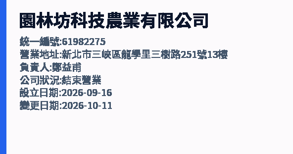 園林坊科技農業有限公司的照片-統編 61982275(新北市) 公司登記資料與營業項目詳細圖表
