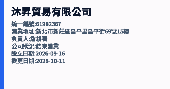 沐昇貿易有限公司的照片-統編 61982367(新北市) 公司登記資料與營業項目詳細圖表