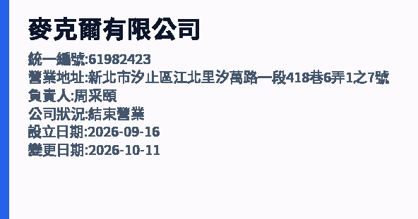 麥克爾有限公司的照片-統編 61982423(新北市) 公司登記資料與營業項目詳細圖表