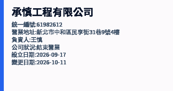 承慎工程有限公司的照片-統編 61982612(新北市) 公司登記資料與營業項目詳細圖表
