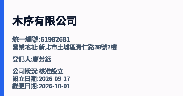 木序有限公司的照片-統編 61982681(新北市) 公司登記資料與營業項目詳細圖表