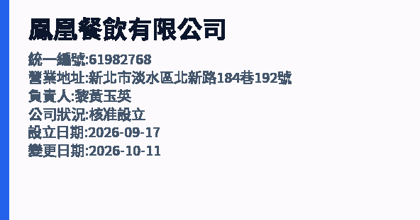 鳳凰餐飲有限公司的照片-統編 61982768(新北市) 公司登記資料與營業項目詳細圖表