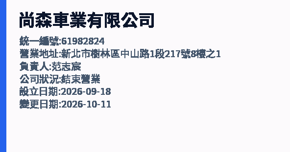 尚森車業有限公司的照片-統編 61982824(新北市) 公司登記資料與營業項目詳細圖表