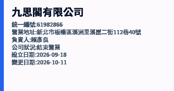 九思閣有限公司的照片-統編 61982866(新北市) 公司登記資料與營業項目詳細圖表