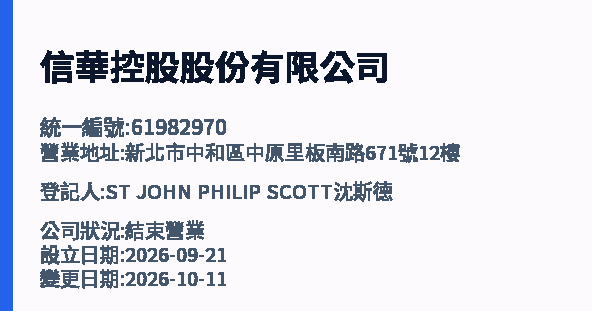 信華控股股份有限公司的照片-統編 61982970(新北市) 公司登記資料與營業項目詳細圖表