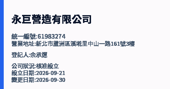 永巨營造有限公司的照片-統編 61983274(新北市) 公司登記資料與營業項目詳細圖表