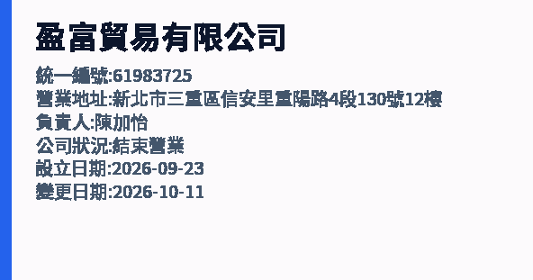 盈富貿易有限公司的照片-統編 61983725(新北市) 公司登記資料與營業項目詳細圖表