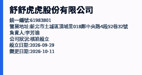 舒舒虎虎股份有限公司的照片-統編 61983801(新北市) 公司登記資料與營業項目詳細圖表