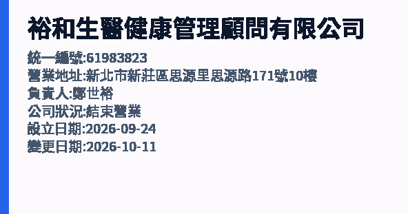裕和生醫健康管理顧問有限公司的照片-統編 61983823(新北市) 公司登記資料與營業項目詳細圖表