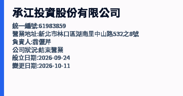 承江投資股份有限公司的照片-統編 61983859(新北市) 公司登記資料與營業項目詳細圖表