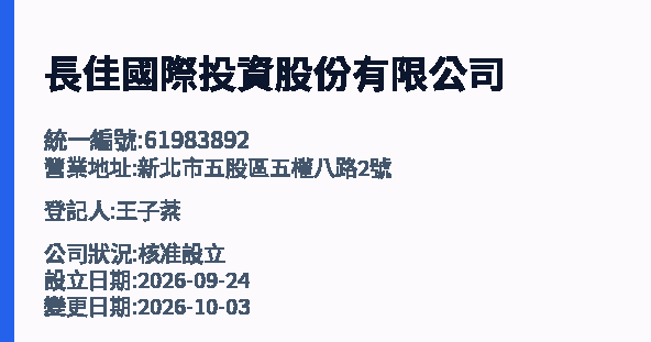 長佳國際投資股份有限公司的照片-統編 61983892(新北市) 公司登記資料與營業項目詳細圖表