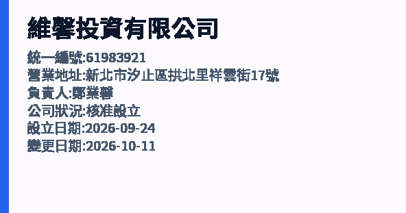 維馨投資有限公司的照片-統編 61983921(新北市) 公司登記資料與營業項目詳細圖表