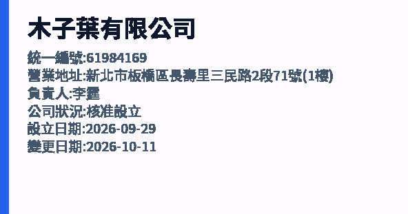 木子葉有限公司的照片-統編 61984169(新北市) 公司登記資料與營業項目詳細圖表