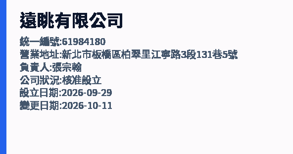 遠眺有限公司的照片-統編 61984180(新北市) 公司登記資料與營業項目詳細圖表