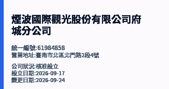 煙波國際觀光股份有限公司府城分公司的照片-統編 61984858(臺南市) 公司登記資料與營業項目詳細圖表