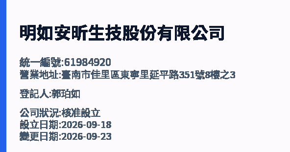 明如安昕生技股份有限公司的照片-統編 61984920(臺南市) 公司登記資料與營業項目詳細圖表
