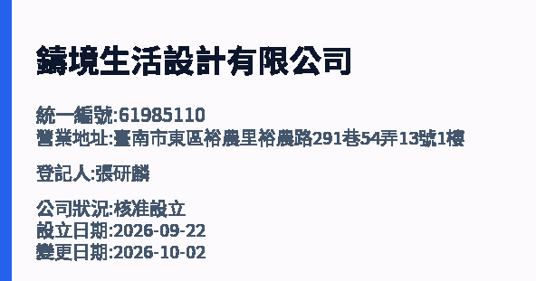 鑄境生活設計有限公司的照片-統編 61985110(臺南市) 公司登記資料與營業項目詳細圖表
