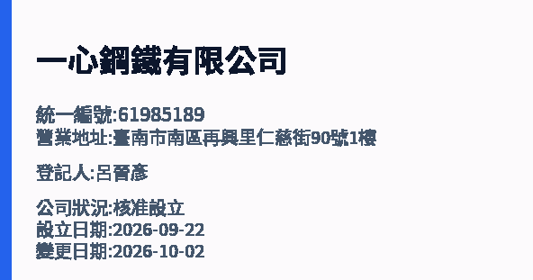 一心鋼鐵有限公司的照片-統編 61985189(臺南市) 公司登記資料與營業項目詳細圖表