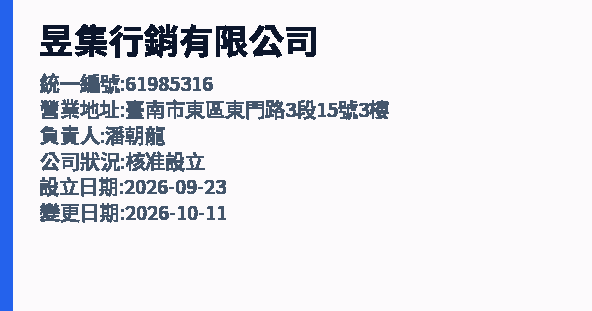 昱集行銷有限公司的照片-統編 61985316(臺南市) 公司登記資料與營業項目詳細圖表