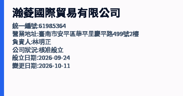 瀚菱國際貿易有限公司的照片-統編 61985364(臺南市) 公司登記資料與營業項目詳細圖表