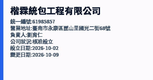 楷霖統包工程有限公司的照片-統編 61985857(臺南市) 公司登記資料與營業項目詳細圖表