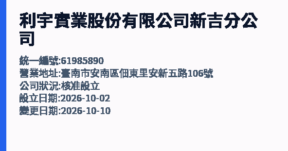 利宇實業股份有限公司新吉分公司的照片-統編 61985890(臺南市) 公司登記資料與營業項目詳細圖表