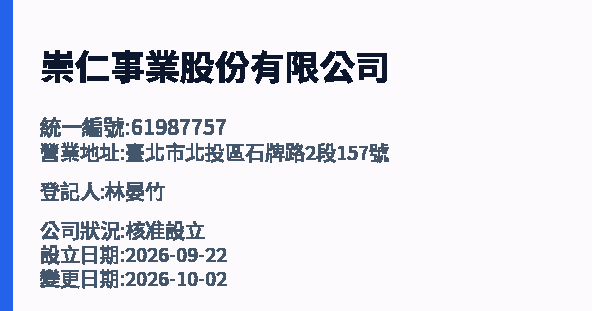 崇仁事業股份有限公司的照片-統編 61987757(臺北市) 公司登記資料與營業項目詳細圖表