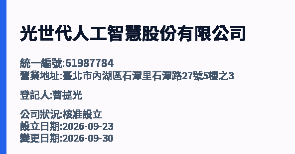 光世代人工智慧股份有限公司的照片-統編 61987784(臺北市) 公司登記資料與營業項目詳細圖表