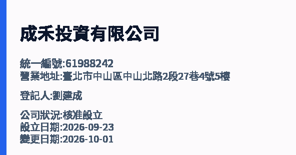 成禾投資有限公司的照片-統編 61988242(臺北市) 公司登記資料與營業項目詳細圖表