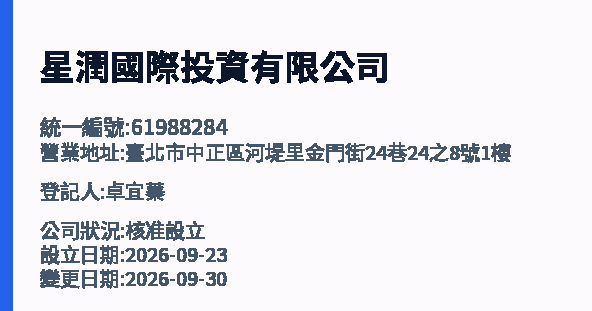 星潤國際投資有限公司的照片-統編 61988284(臺北市) 公司登記資料與營業項目詳細圖表