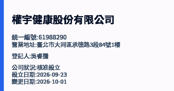 權宇健康股份有限公司的照片-統編 61988290(臺北市) 公司登記資料與營業項目詳細圖表