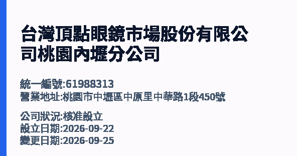 台灣頂點眼鏡市場股份有限公司桃園內壢分公司的照片-統編 61988313(桃園市) 公司登記資料與營業項目詳細圖表