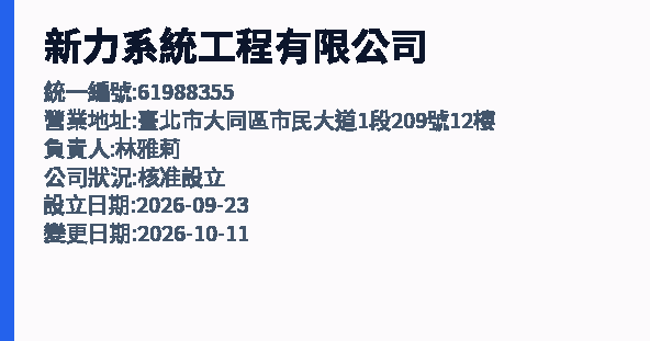 新力系統工程有限公司的照片-統編 61988355(臺北市) 公司登記資料與營業項目詳細圖表