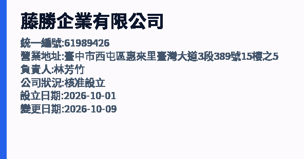 藤勝企業有限公司的照片-統編 61989426(臺中市) 公司登記資料與營業項目詳細圖表