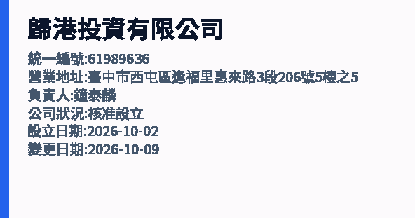 歸港投資有限公司的照片-統編 61989636(臺中市) 公司登記資料與營業項目詳細圖表