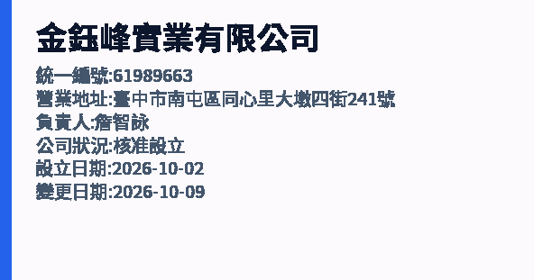 金鈺峰實業有限公司的照片-統編 61989663(臺中市) 公司登記資料與營業項目詳細圖表