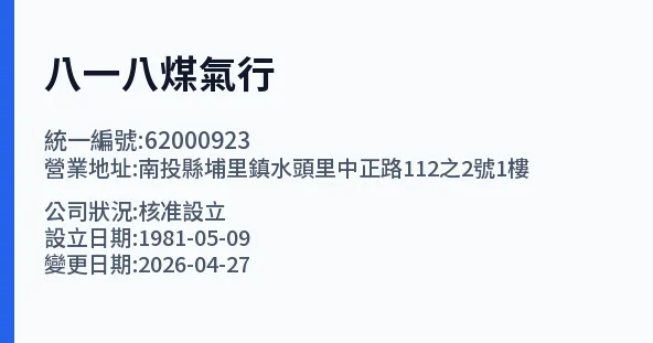 八一八煤氣行的照片-統編 62000923(南投縣) 公司登記資料與營業項目詳細圖表