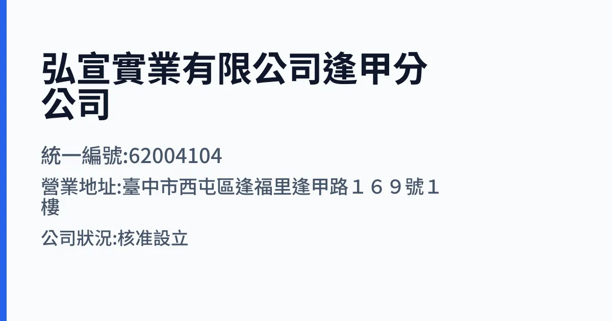弘宣實業有限公司逢甲分公司 - 統編 62004104(臺中市) 公司登記資料與營業項目詳細圖表
